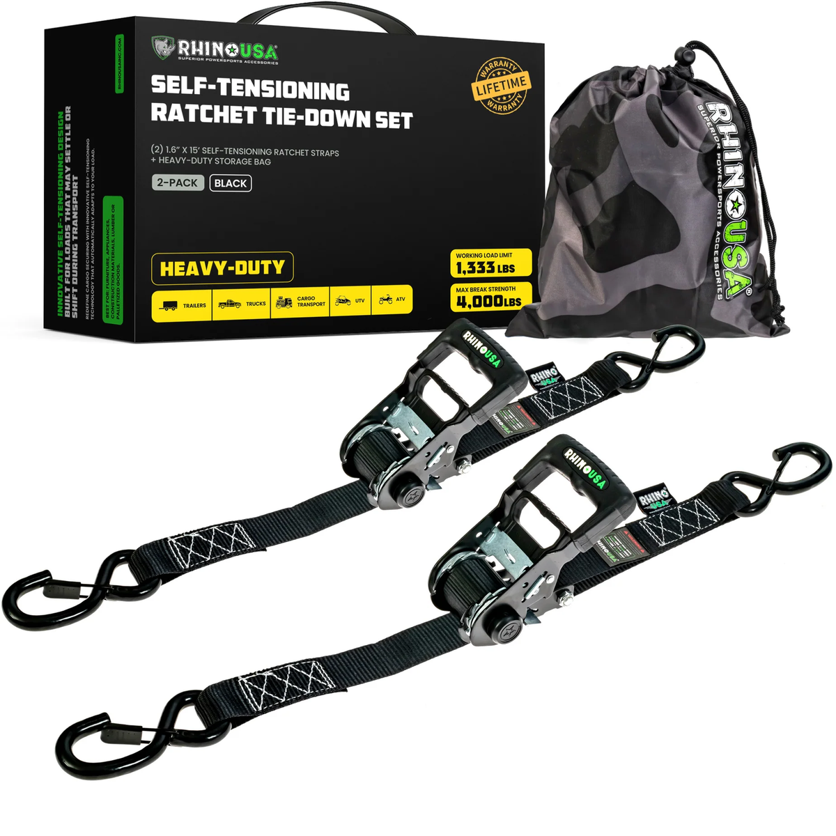 Shop Rhino USA Self-Tensioning Ratchet Straps (2-pack, 1.6"x15' black ...